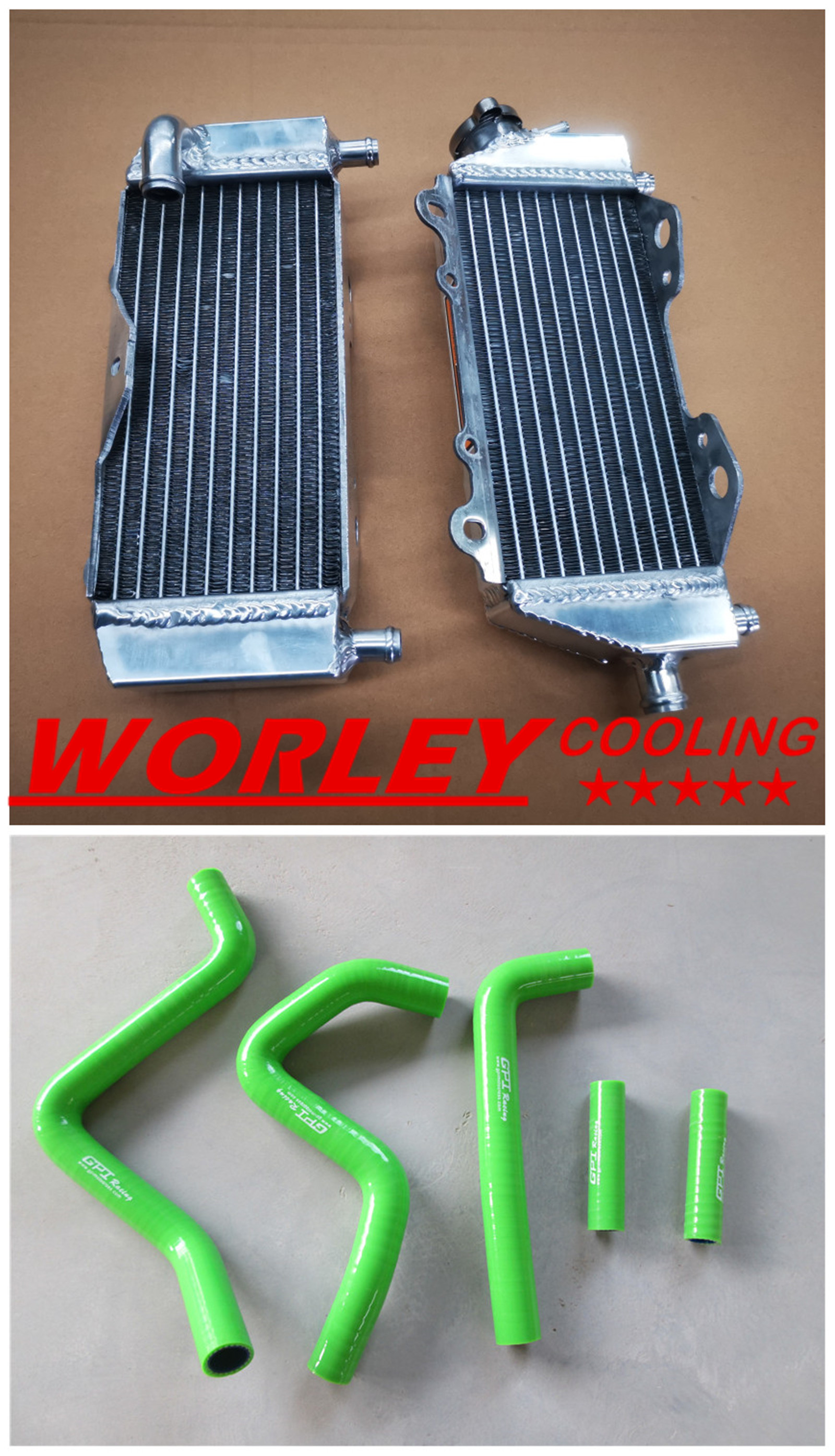 NJ-aluminum radiator & GREEN Hose FOR Kawasaki KX 250 KX250 2-stroke ...